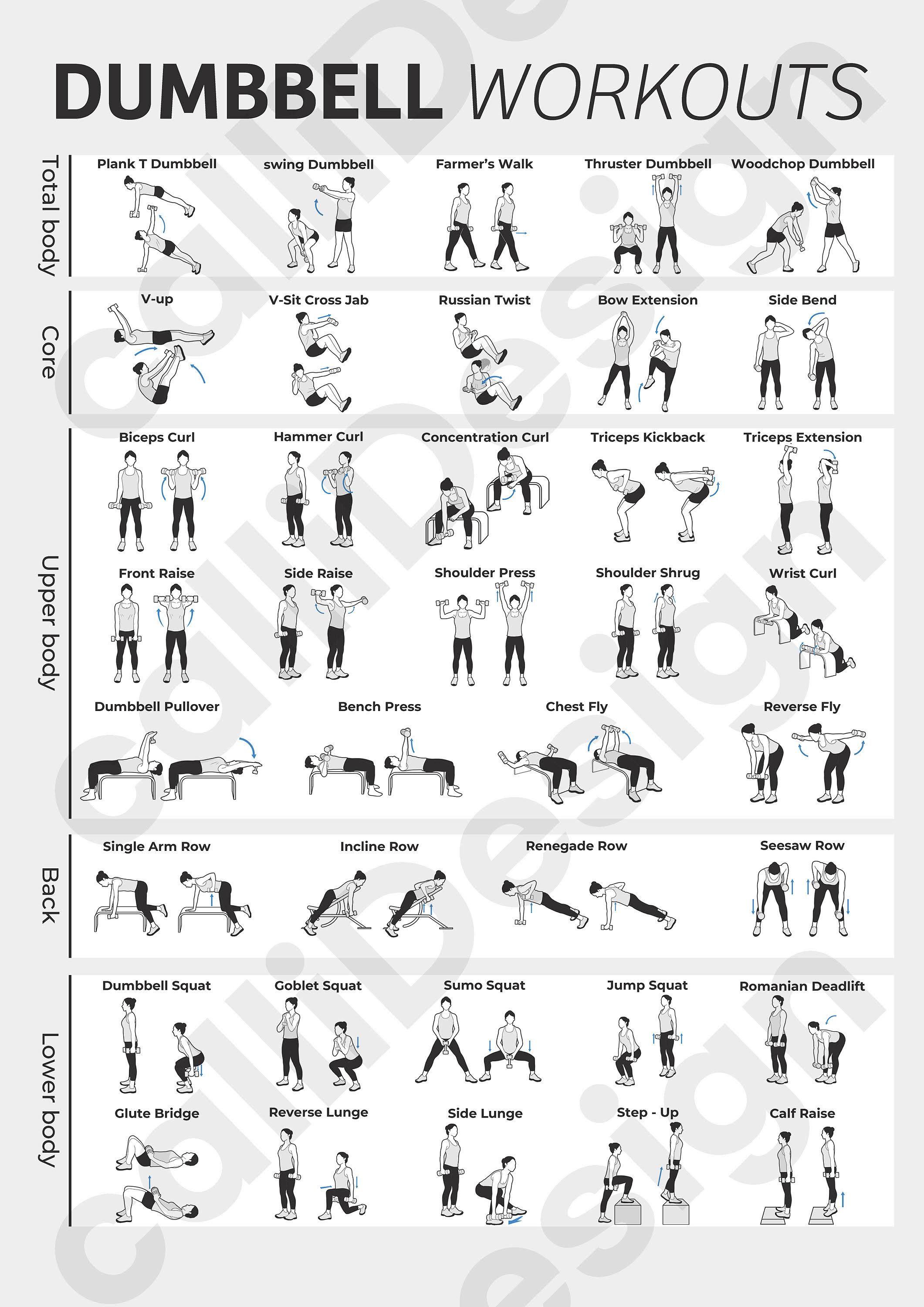38 types of dumbbell exercise illustrations and 1 type of poster file ...